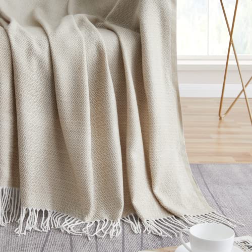 BOURINA Decorative Diamond Lattice Faux Cashmere Fringe Throw Blanket Lightweight Soft Cozy for Bed or Sofa Farmhouse Outdoor Throw Blankets, 50" x 60", Beige