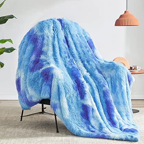 BEAUTEX Faux Fur Throw Blanket, Soft Sherpa Fluffy Blankets, Warm Thick Plush Flannel Blanket, Luxury Fuzzy Blankets for Home Room Decor, Shaggy Cozy Throw Blanket for Couch Sofa Bed Blue, 50x 60