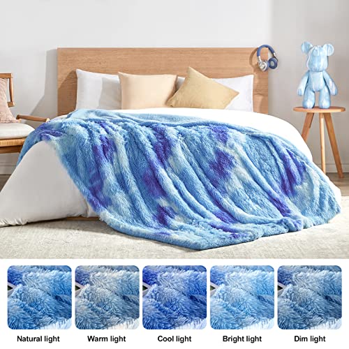 BEAUTEX Faux Fur Throw Blanket, Soft Sherpa Fluffy Blankets, Warm Thick Plush Flannel Blanket, Luxury Fuzzy Blankets for Home Room Decor, Shaggy Cozy Throw Blanket for Couch Sofa Bed Blue, 50x 60