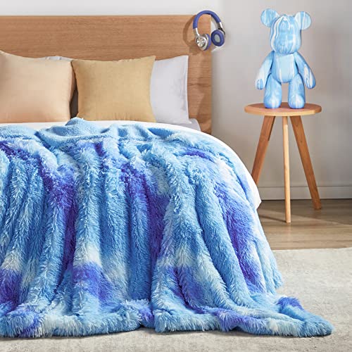 BEAUTEX Faux Fur Throw Blanket, Soft Sherpa Fluffy Blankets, Warm Thick Plush Flannel Blanket, Luxury Fuzzy Blankets for Home Room Decor, Shaggy Cozy Throw Blanket for Couch Sofa Bed Blue, 50x 60