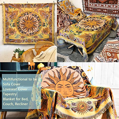 Shesyuki Boho Throw Blanket Reversible Cotton Bohemian Tapestry Hippie Room Decor Outdoor Blanket Double Sided (National Sun Pattern Yellow 50"x60")