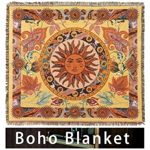 Shesyuki Boho Throw Blanket Reversible Cotton Bohemian Tapestry Hippie Room Decor Outdoor Blanket Double Sided (National Sun Pattern Yellow 50"x60")