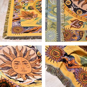 Shesyuki Boho Throw Blanket Reversible Cotton Bohemian Tapestry Hippie Room Decor Outdoor Blanket Double Sided (National Sun Pattern Yellow 50"x60")