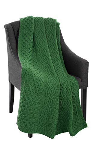 SAOL Honeycomb and Cable Knit Patterns 100% Irish Merino Wool Aran Throw/Blanket 60 x 40 inches (Green)