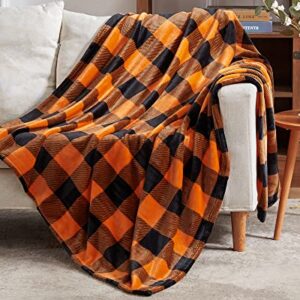 Touchat Fleece Throw Blankets, Orange Buffalo Plaid Throw Blanket for Couch Sofa Bed, Soft Warm Fuzzy Cozy Checkered Blanket, Lightweight Farmhouse Halloween Decor 50" x 60" (Pumpkin & Orange)