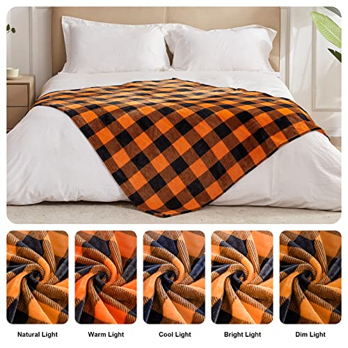 Touchat Fleece Throw Blankets, Orange Buffalo Plaid Throw Blanket for Couch Sofa Bed, Soft Warm Fuzzy Cozy Checkered Blanket, Lightweight Farmhouse Halloween Decor 50" x 60" (Pumpkin & Orange)