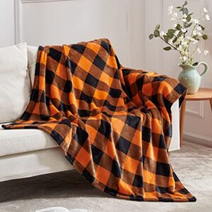 Touchat Fleece Throw Blankets, Orange Buffalo Plaid Throw Blanket for Couch Sofa Bed, Soft Warm Fuzzy Cozy Checkered Blanket, Lightweight Farmhouse Halloween Decor 50" x 60" (Pumpkin & Orange)