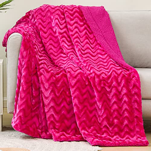 Whale Flotilla Faux Fur Throw Blanket for Couch Sofa Bed, Plush Reversible Fuzzy Sherpa Throw Blanket for All Season, Warm and Soft, 50x60 Inch, Hot Pink