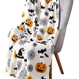 Haunted Halloween Throw Blanket: Spider Webs Witch's Hat Black Bats and Decorated Pumpkins Print on Soft Velvet Fleece Throw Blanket