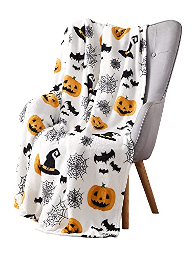 Haunted Halloween Throw Blanket: Spider Webs Witch's Hat Black Bats and Decorated Pumpkins Print on Soft Velvet Fleece Throw Blanket