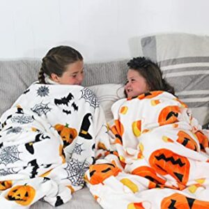 Haunted Halloween Throw Blanket: Spider Webs Witch's Hat Black Bats and Decorated Pumpkins Print on Soft Velvet Fleece Throw Blanket