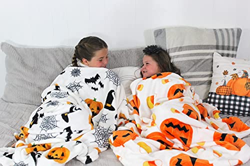 Haunted Halloween Throw Blanket: Spider Webs Witch's Hat Black Bats and Decorated Pumpkins Print on Soft Velvet Fleece Throw Blanket