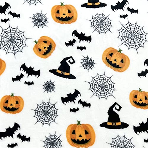 Haunted Halloween Throw Blanket: Spider Webs Witch's Hat Black Bats and Decorated Pumpkins Print on Soft Velvet Fleece Throw Blanket