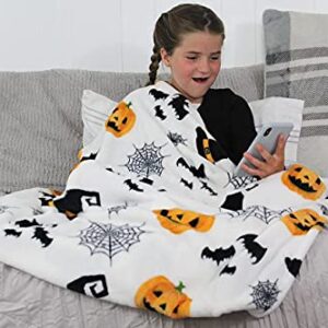 Haunted Halloween Throw Blanket: Spider Webs Witch's Hat Black Bats and Decorated Pumpkins Print on Soft Velvet Fleece Throw Blanket