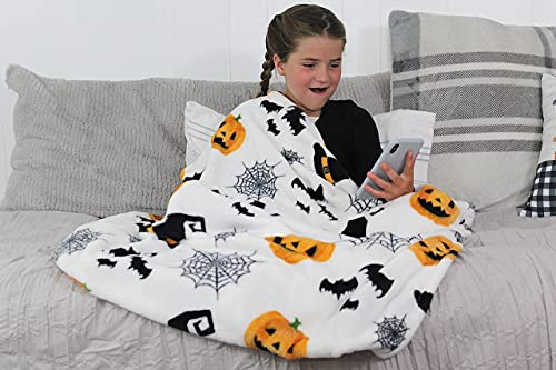 Haunted Halloween Throw Blanket: Spider Webs Witch's Hat Black Bats and Decorated Pumpkins Print on Soft Velvet Fleece Throw Blanket