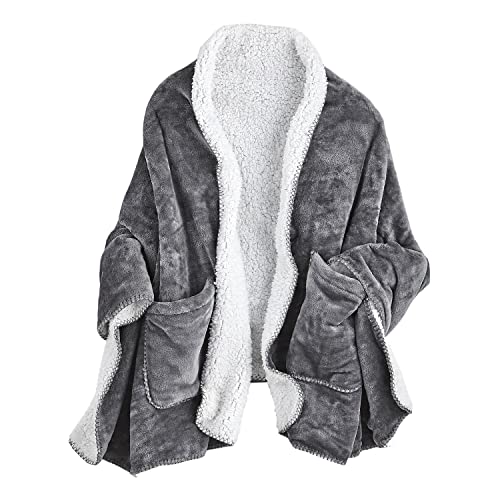 FLORIANA Womens Wearable Throw Blanket-Gray Fleece Cape, TV Blanket