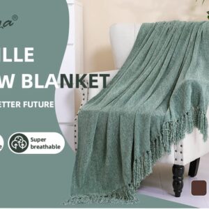 Bangya Sage Chenille Throw Blanket Soft Cozy Woven Fringe Tassel Throw Blenket for Sofa Couch Bed Home Living Room Decor (Sage,50" X 60")