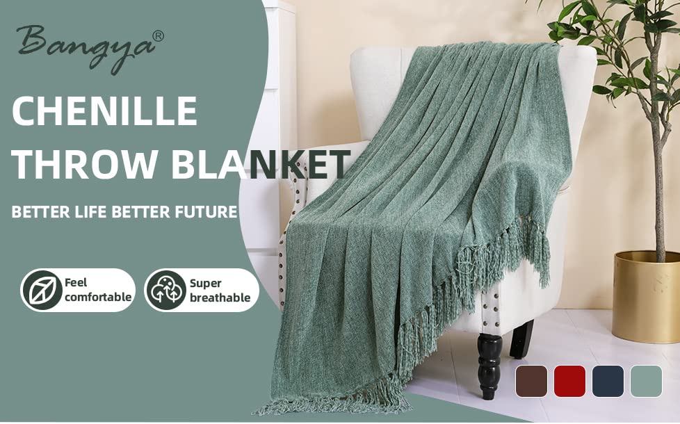 Bangya Sage Chenille Throw Blanket Soft Cozy Woven Fringe Tassel Throw Blenket for Sofa Couch Bed Home Living Room Decor (Sage,50" X 60")