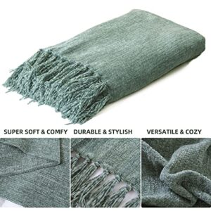 Bangya Sage Chenille Throw Blanket Soft Cozy Woven Fringe Tassel Throw Blenket for Sofa Couch Bed Home Living Room Decor (Sage,50" X 60")