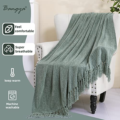 Bangya Sage Chenille Throw Blanket Soft Cozy Woven Fringe Tassel Throw Blenket for Sofa Couch Bed Home Living Room Decor (Sage,50" X 60")