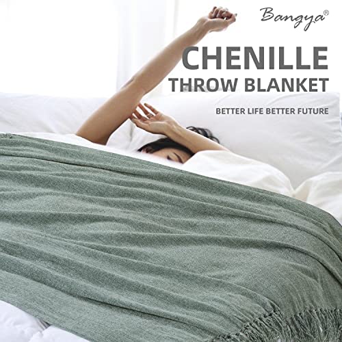 Bangya Sage Chenille Throw Blanket Soft Cozy Woven Fringe Tassel Throw Blenket for Sofa Couch Bed Home Living Room Decor (Sage,50" X 60")