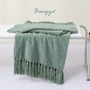 Bangya Sage Chenille Throw Blanket Soft Cozy Woven Fringe Tassel Throw Blenket for Sofa Couch Bed Home Living Room Decor (Sage,50" X 60")