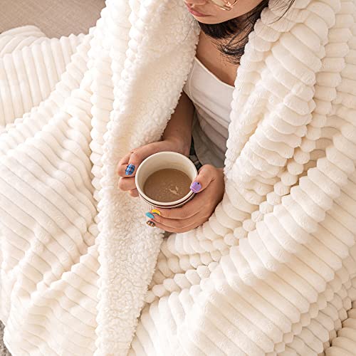 EMEMA Sherpa Fleece Throw Blanket for Couch Cream White Thick Fuzzy Warm Soft Blankets and Throws for Sofa, 50x60 Inch