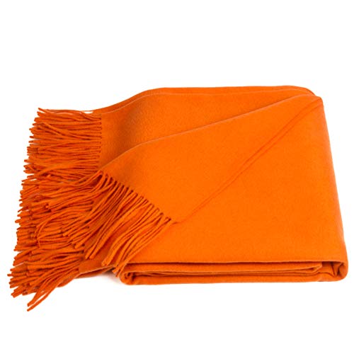 Books.And.More Orange Wool Throw Blanket with Fringe, Soft Throw Blankets 80% Wool, 20% Cashmere, Size: 50x70'' (127x178 cm)