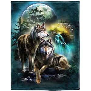 hommomh 40"x50" blanket soft fluffy fleece throw for sofa bed moon wolf green