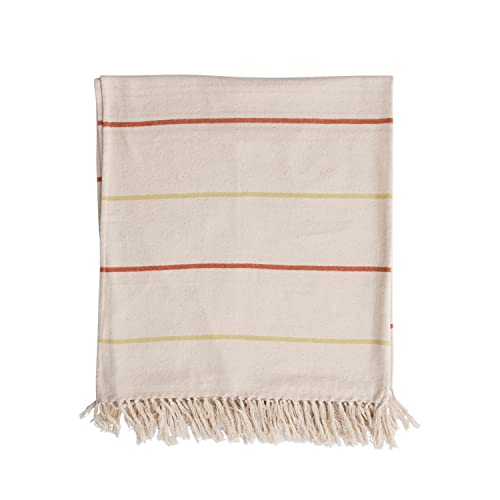 Creative Co-Op Cotton Flannel Throw with Stripes and Fringe, Cream, Sienna and Celery