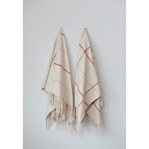 Creative Co-Op Cotton Flannel Throw with Stripes and Fringe, Cream, Sienna and Celery