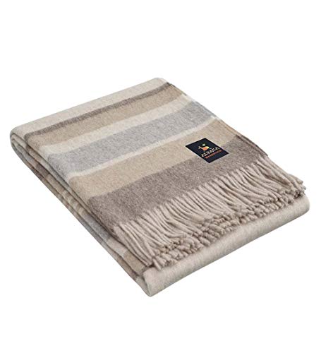 Alpaca Merino Wool Blanket Throw Warm and Soft Multicolor Striped Design Peru (Sand/Soft Camel/Soft Gray)