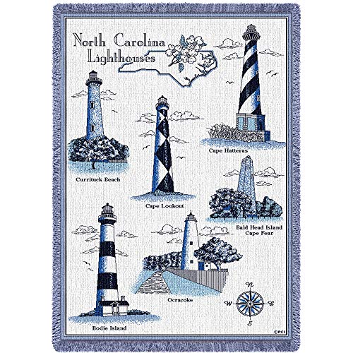 Lighthouses of North Carolina Blanket - Curritick, Cape Lookout, Hatteras, Bald Head Island, Ocracoke, Bodie - Soft Afghan Gift Throw Woven from Cotton - Made in The USA (69x48)