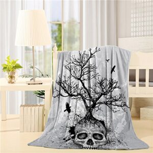 sigouyi lightweight fleece blankets reversible throw cozy plush microfiber all-season blanket for bed/couch - throw 40x50 inch, skull tree grey