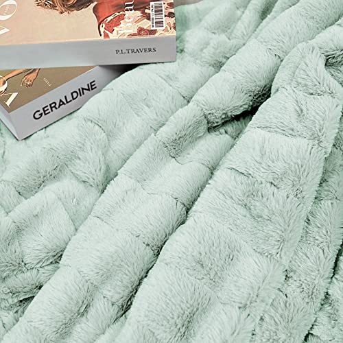 BYTIDE Stripe Faux Fur Plush Throw Blankets with Sherpa Back, Super Soft Warm Cozy Fluffy Fuzzy Reversible Luxury Throw for Couch Sofa Chair Bed Cover, 50" x 60", Seafoam Blue