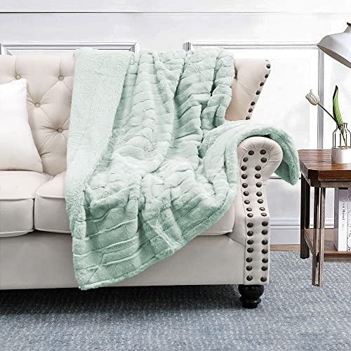 BYTIDE Stripe Faux Fur Plush Throw Blankets with Sherpa Back, Super Soft Warm Cozy Fluffy Fuzzy Reversible Luxury Throw for Couch Sofa Chair Bed Cover, 50" x 60", Seafoam Blue