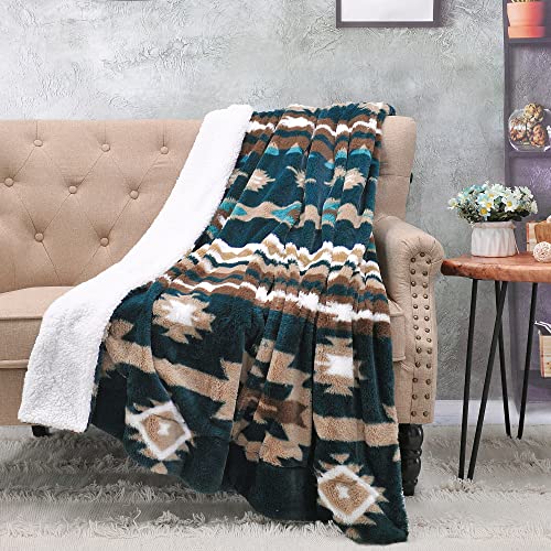 Home Soft Things Southwest Faux Fur Throw Blanket, Deep Teal, 60'' x 80'', Soft Warm Lightweight Cozy Throw Blanket with Sherpa Backing Couch Bed Sofa Cover Throw Home Décor