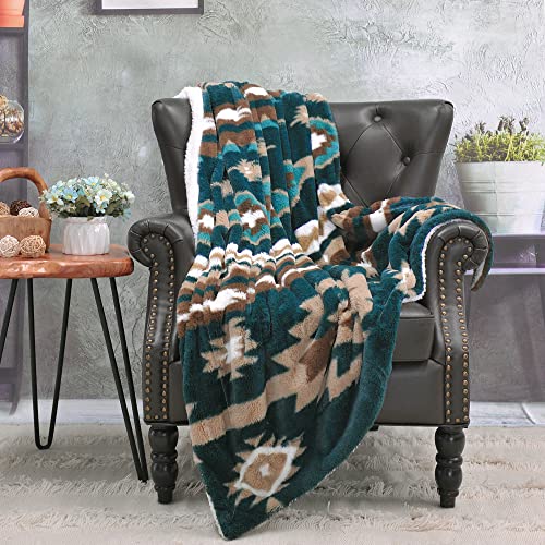 Home Soft Things Southwest Faux Fur Throw Blanket, Deep Teal, 60'' x 80'', Soft Warm Lightweight Cozy Throw Blanket with Sherpa Backing Couch Bed Sofa Cover Throw Home Décor