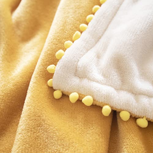 MONDAY MOOSE Cozy Fleece Throw Blanket with Pom Pom Fringe, Super Soft Lightweight Microfiber Flannel Blanket, Double-Sided Designs, for Couch Bed Sofa Home Decor (50x60 inch, Yellow/Beige)