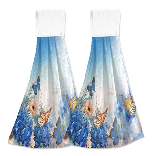 Blue Butterflies Kitchen Hand Towels,Nature Flower Absorbent Tie Hanging Towel with Loop 2 PCS Kitchen Linen Sets for Bathroom Restroom Home Decor