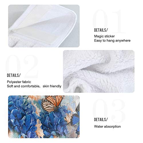 Blue Butterflies Kitchen Hand Towels,Nature Flower Absorbent Tie Hanging Towel with Loop 2 PCS Kitchen Linen Sets for Bathroom Restroom Home Decor