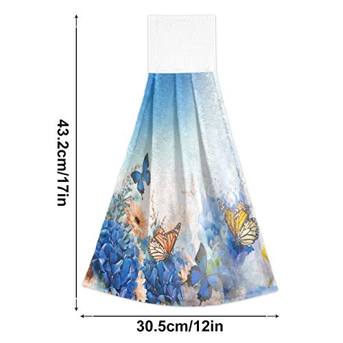 Blue Butterflies Kitchen Hand Towels,Nature Flower Absorbent Tie Hanging Towel with Loop 2 PCS Kitchen Linen Sets for Bathroom Restroom Home Decor