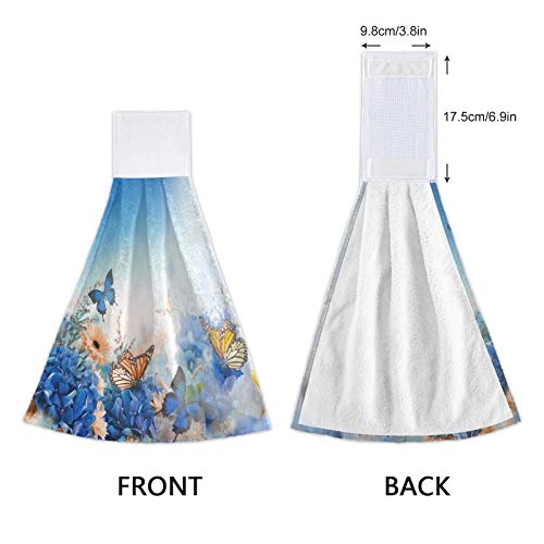 Blue Butterflies Kitchen Hand Towels,Nature Flower Absorbent Tie Hanging Towel with Loop 2 PCS Kitchen Linen Sets for Bathroom Restroom Home Decor