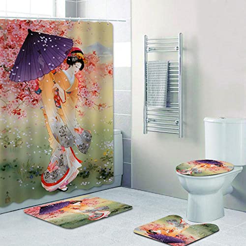 4Pcs/Sets Shower Curtain Set in Home Bathroom Oriental Japanese Geisha Girl Bath Curtain Shower Curtains Set Traditional Japanese Woman Art Bathroom Curtain Mats Home Dec with 12 Hooks 71x71in