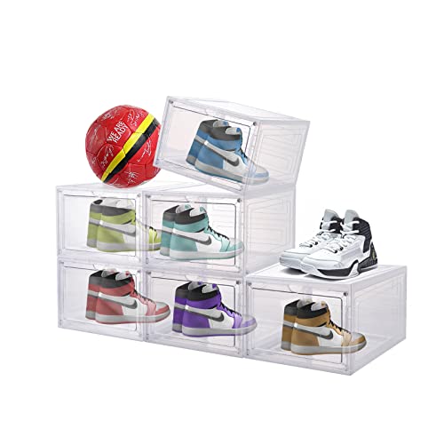 THESEATOP Shoe Organizer Boxes,6 Pack Shoe Storage Boxes Clear Plastic Stackable,Shoe Organizer Box,Shoe Containers for Sneaker Storage Up to US Size 12 (Clear)