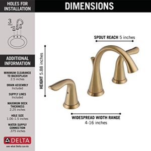 Delta Faucet Lahara Widespread Bathroom Faucet 3 Hole, Gold Bathroom Faucet, Diamond Seal Technology, Metal Drain Assembly, Champagne Bronze 3538-CZMPU-DST