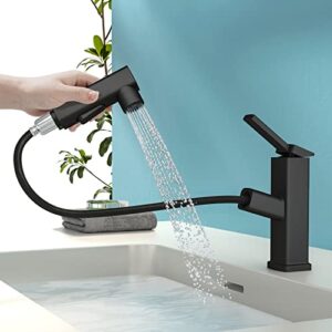 herobai single hole bathroom faucet, single handle modern pull out bathroom sink faucet with 3 water flow modes, fountain bathroom faucets with sprayer (black, regular)