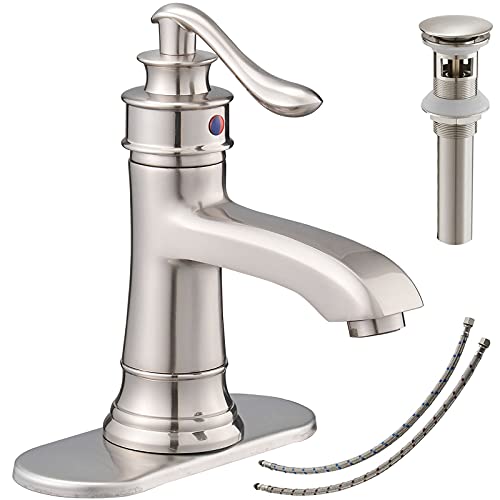 Bathfinesse Brushed Nickel Bathroom Faucet Bathroom Sink Faucets&Parts with Pop Up Drain Assembly Vanity Bath Deck Mount Single Handle Single Hole Commercial Trough Stream Water Supply Lines Lead-Free