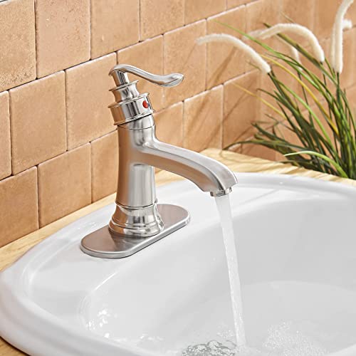 Bathfinesse Brushed Nickel Bathroom Faucet Bathroom Sink Faucets&Parts with Pop Up Drain Assembly Vanity Bath Deck Mount Single Handle Single Hole Commercial Trough Stream Water Supply Lines Lead-Free