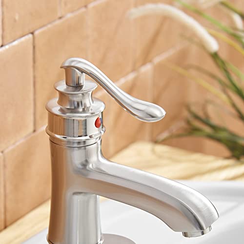 Bathfinesse Brushed Nickel Bathroom Faucet Bathroom Sink Faucets&Parts with Pop Up Drain Assembly Vanity Bath Deck Mount Single Handle Single Hole Commercial Trough Stream Water Supply Lines Lead-Free